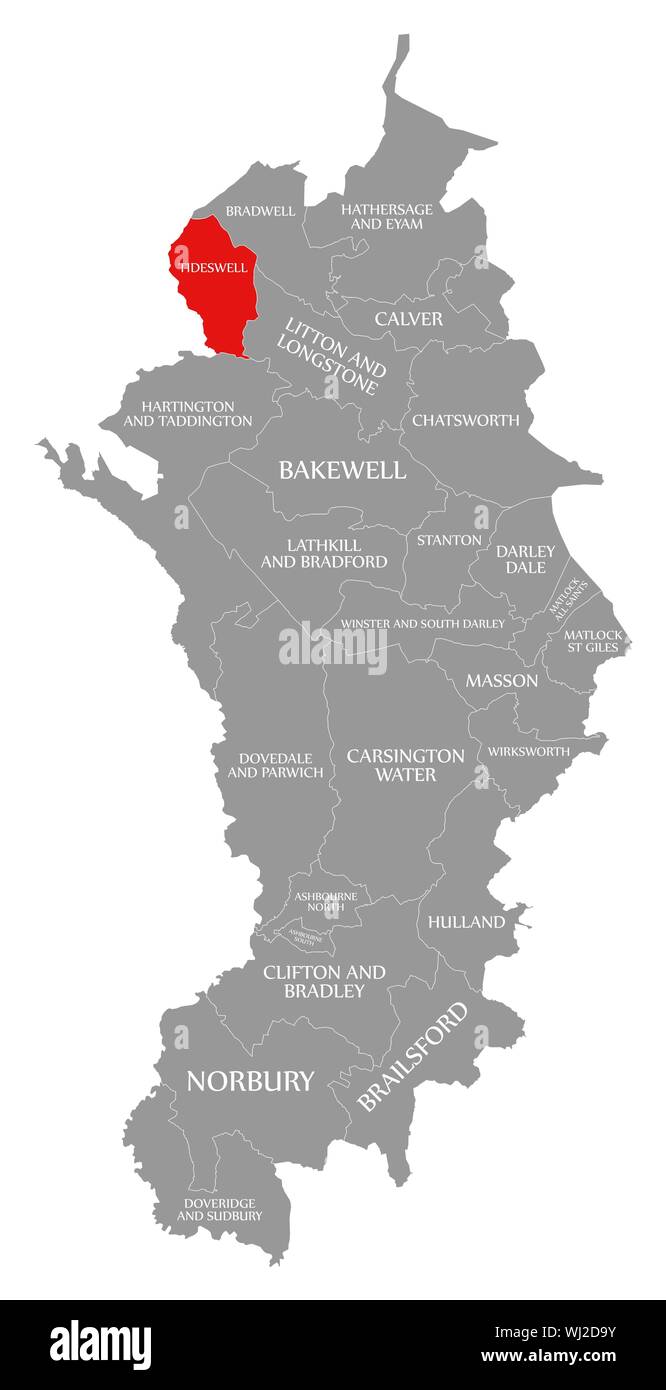 Tideswell red highlighted in map of Derbyshire Dales district in East ...