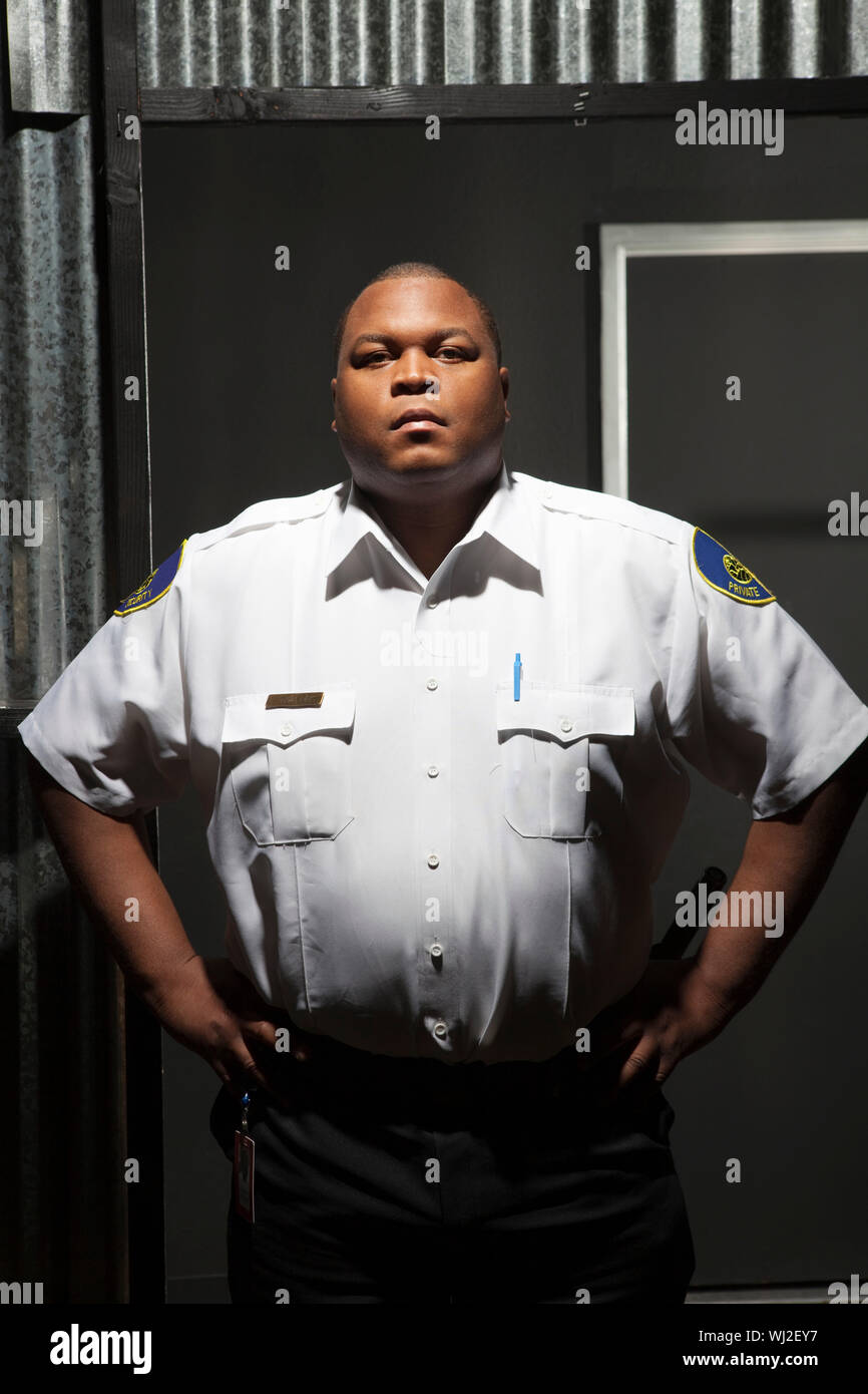 Portrait of a confident security guard standing with hands on hip at ...