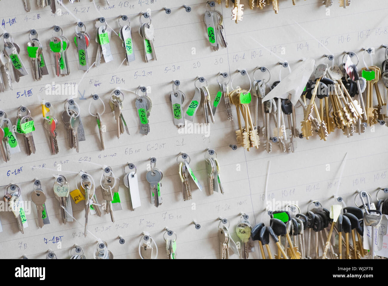 Full frame of keys with tags hanging on board in warehouse Stock Photo ...