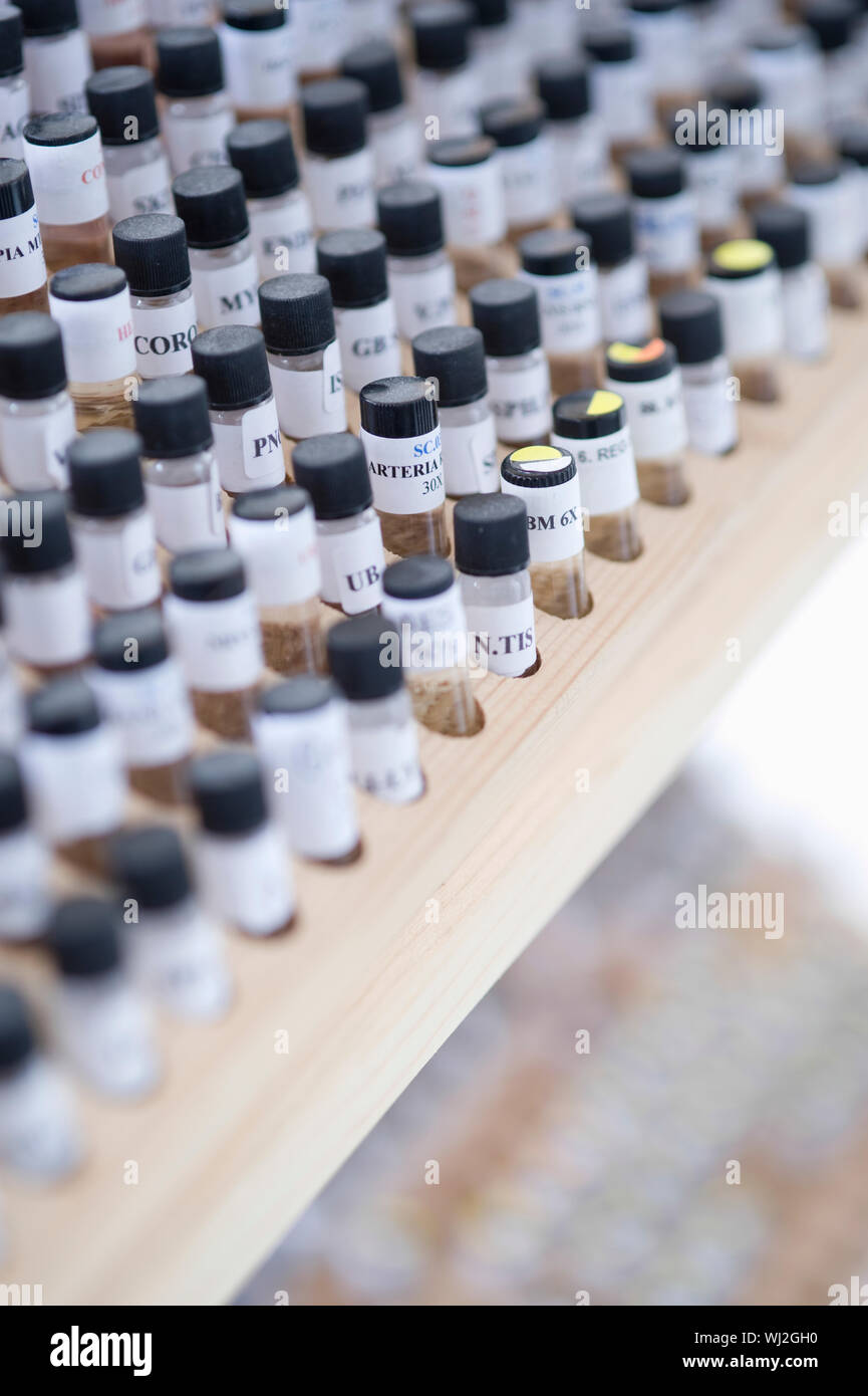 Closeup of vials in wooden stand at laboratory Stock Photo - Alamy