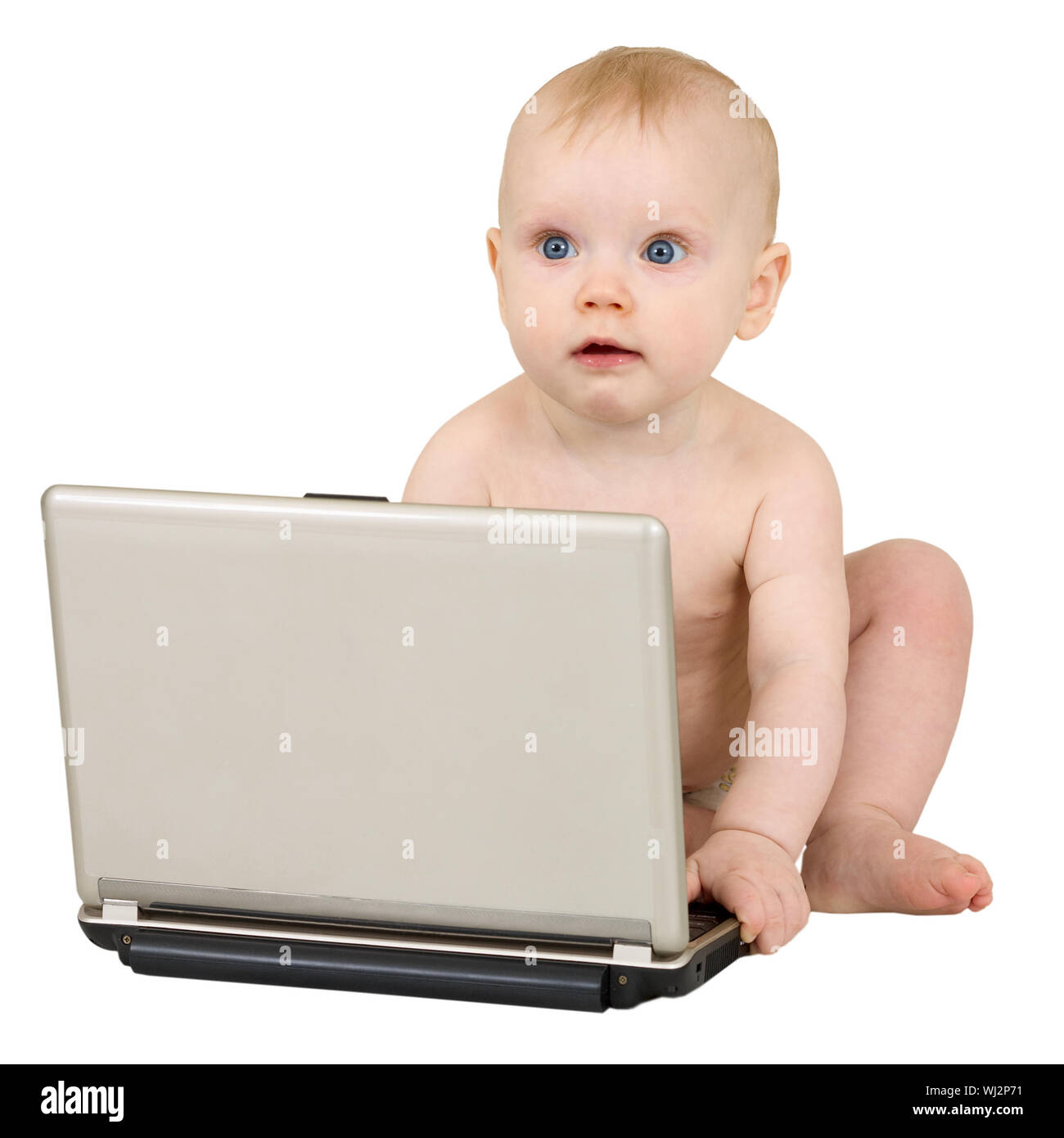 Baby with laptop on the white background Stock Photo - Alamy