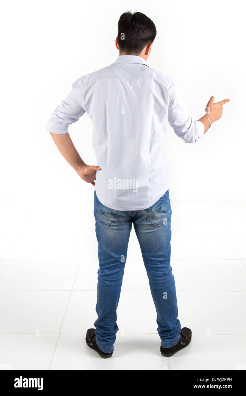 Rear view of a man pointing finger Stock Photo - Alamy