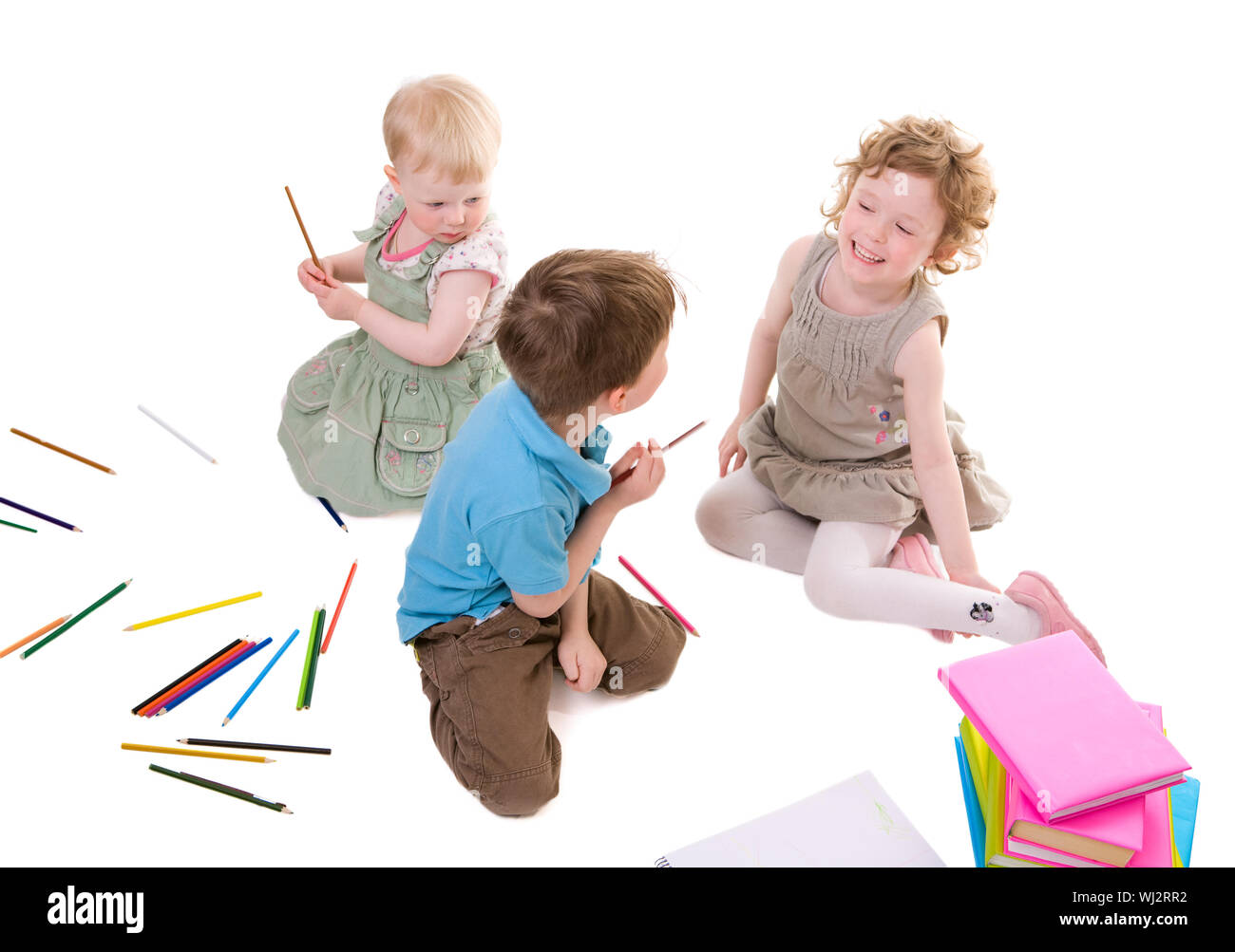 Small kids drawing with pencils. Isolated on white Stock Photo - Alamy