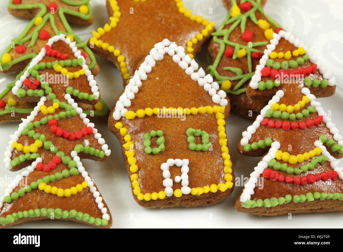 Gingerbread cookies - house and Christmas trees Stock Photo - Alamy