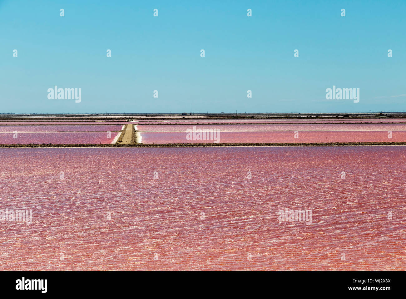 The Salin-de-Giraud salt farm with pink purple salty sea water in man ...