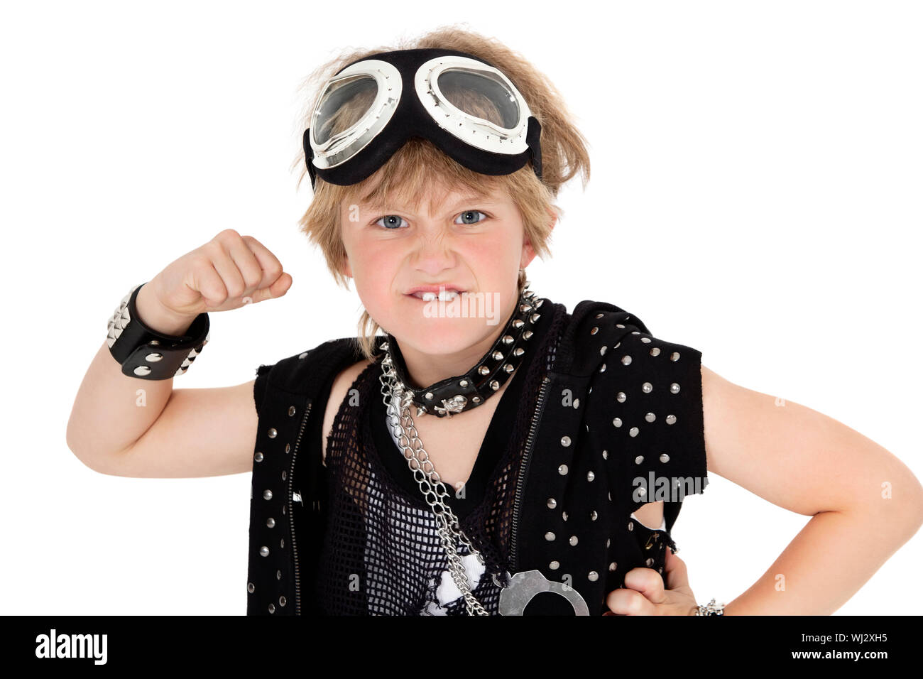 Portrait of punk kid showing fist over white background Stock Photo - Alamy