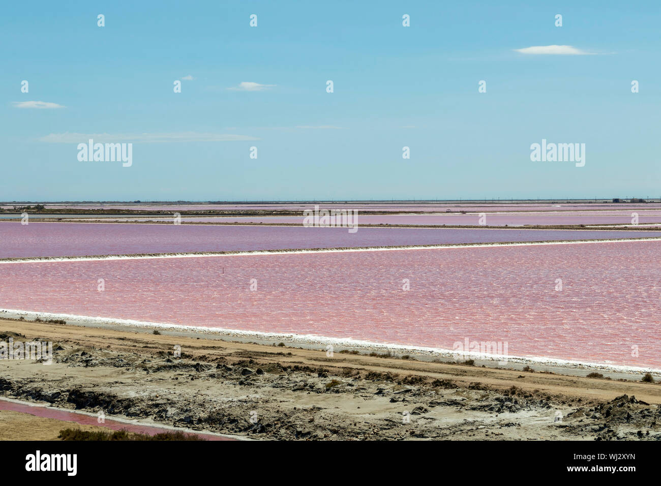 The Salin-de-Giraud salt farm with pink purple salty sea water in man ...
