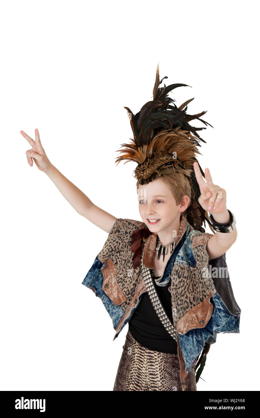 School kid in costume gesturing peace sign over white background Stock ...