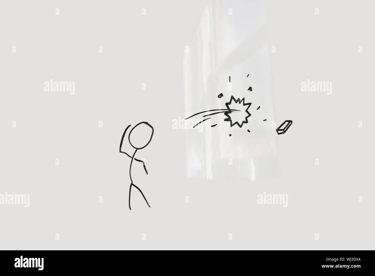 Conceptual image of stick figure breaking glass through eraser Stock ...