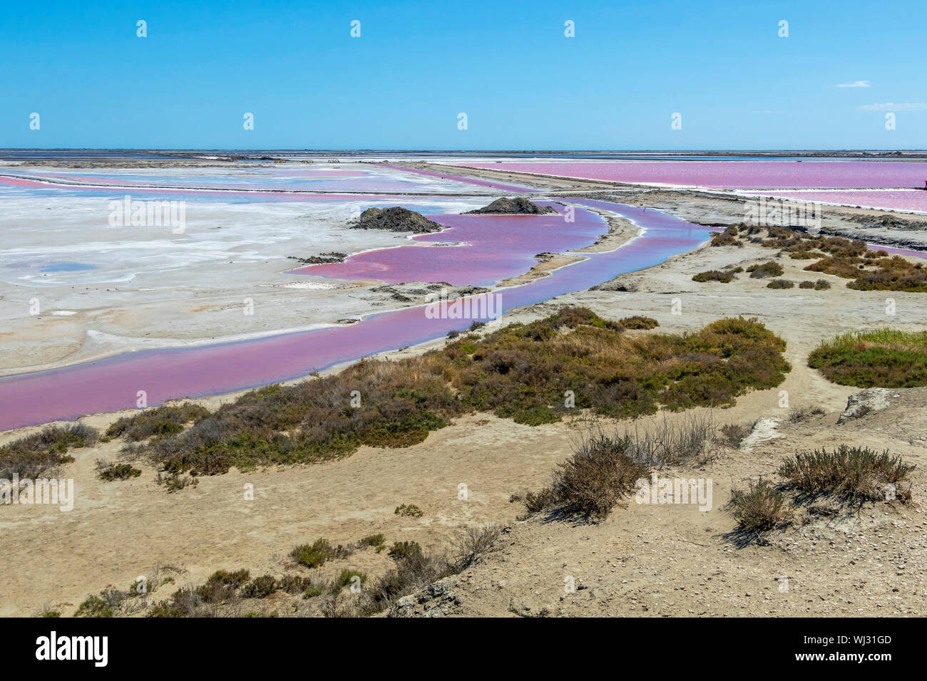 The Salin-de-Giraud salt farm with pink purple salty sea water in man ...