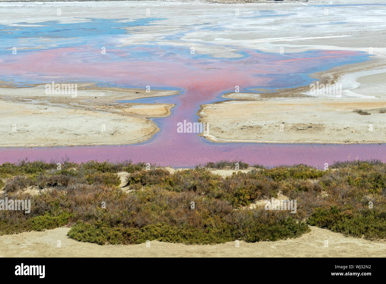 The Salin-de-Giraud salt farm with pink purple salty sea water in man ...