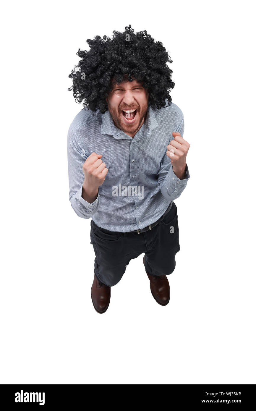 top view. happy man in wig looking at camera Stock Photo - Alamy