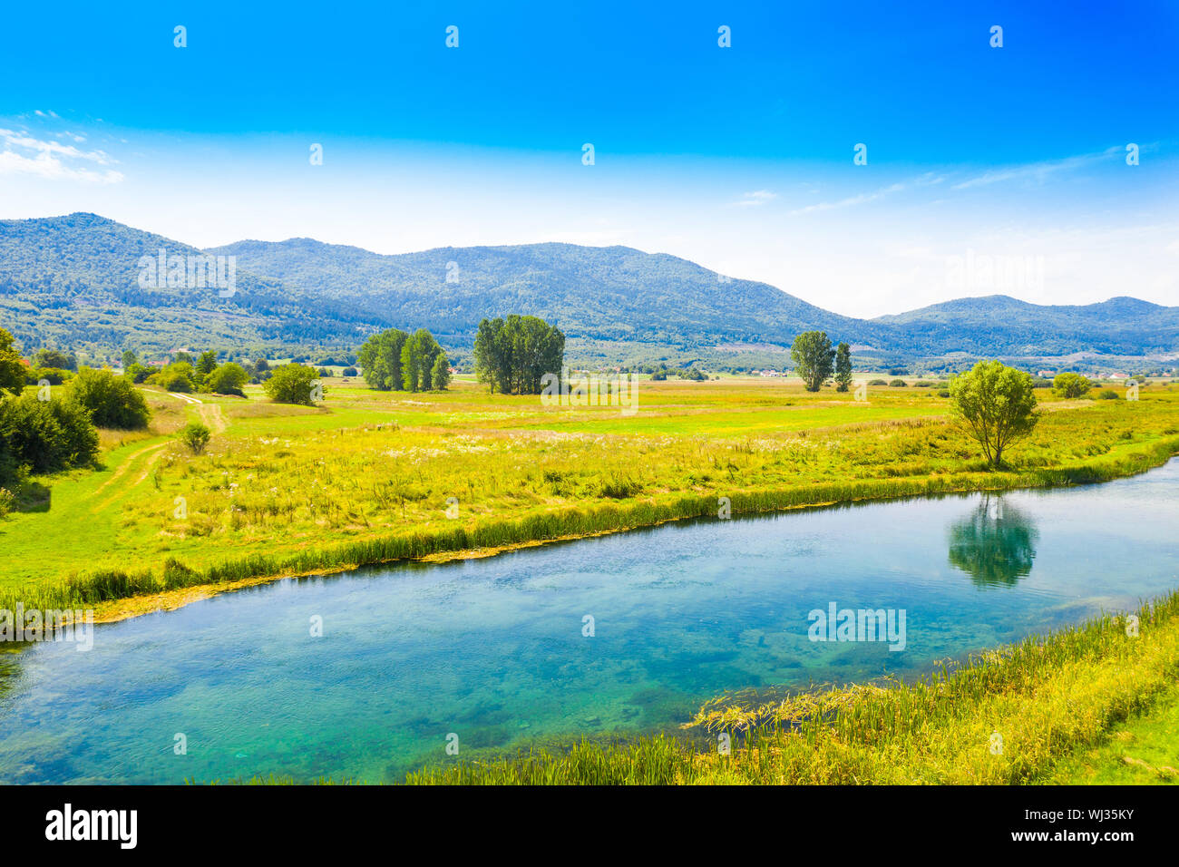 Beautiful nature landscape, Gacka river among grass banks, Lika region ...