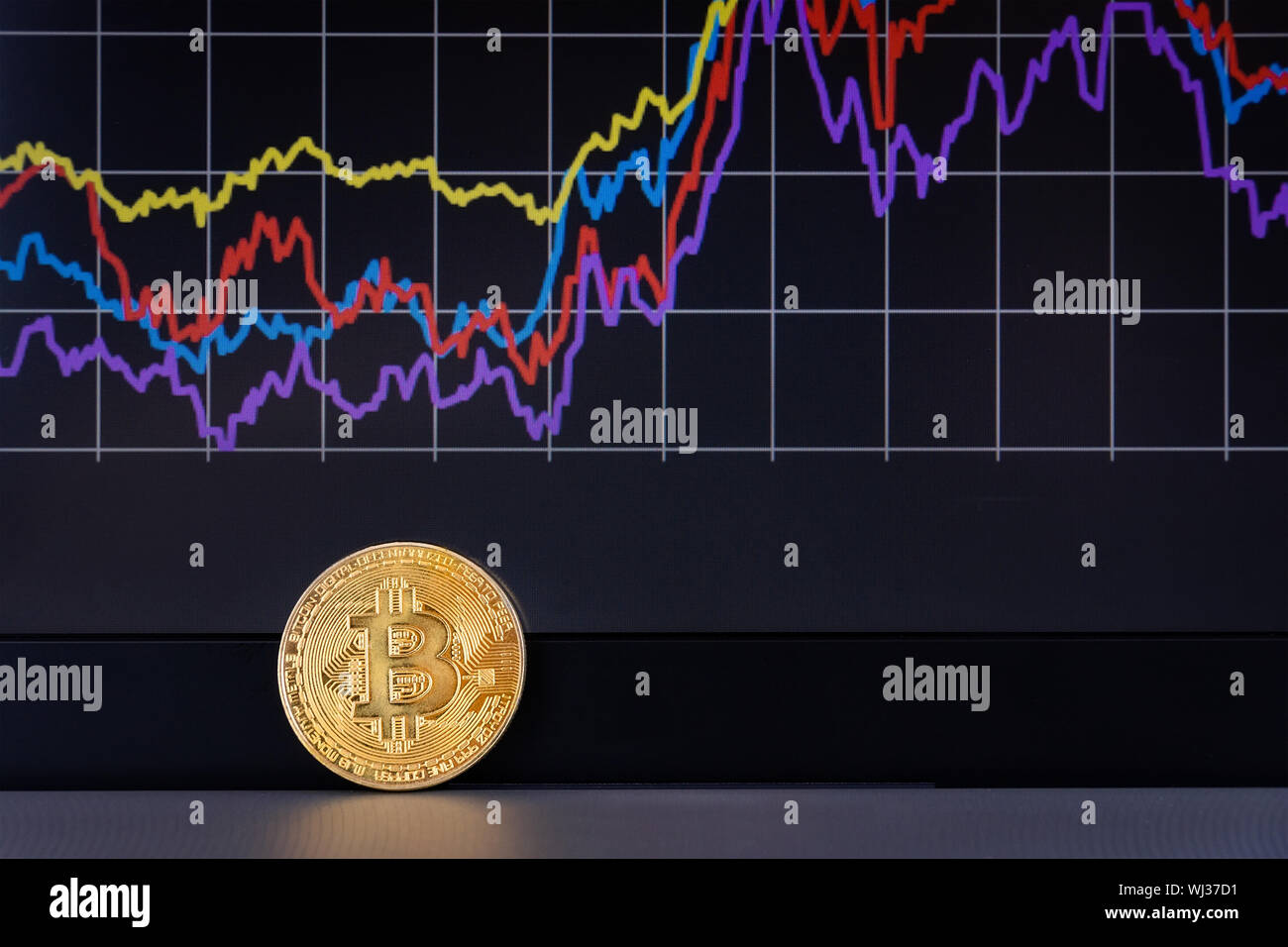 Coin Bitcoin close-up, and schedule the exchange in background Stock ...