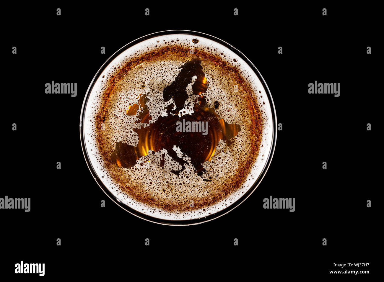 map of europe shape on foam in glass of beer on black background Top ...