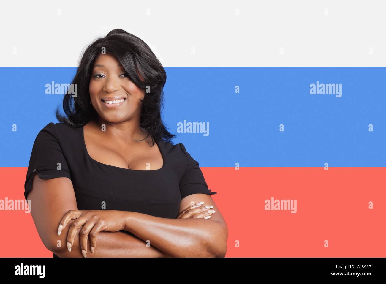Portrait of casual mixed race woman over Russian flag Stock Photo - Alamy