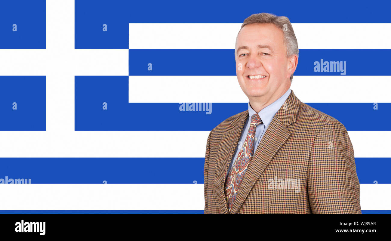 Portrait of middle-aged businessman smiling over Greek flag Stock Photo ...