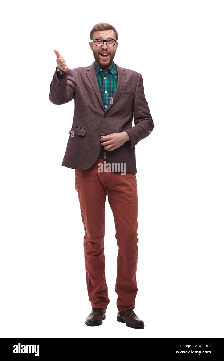 friendly man with a welcoming gesture. isolated on white Stock Photo ...