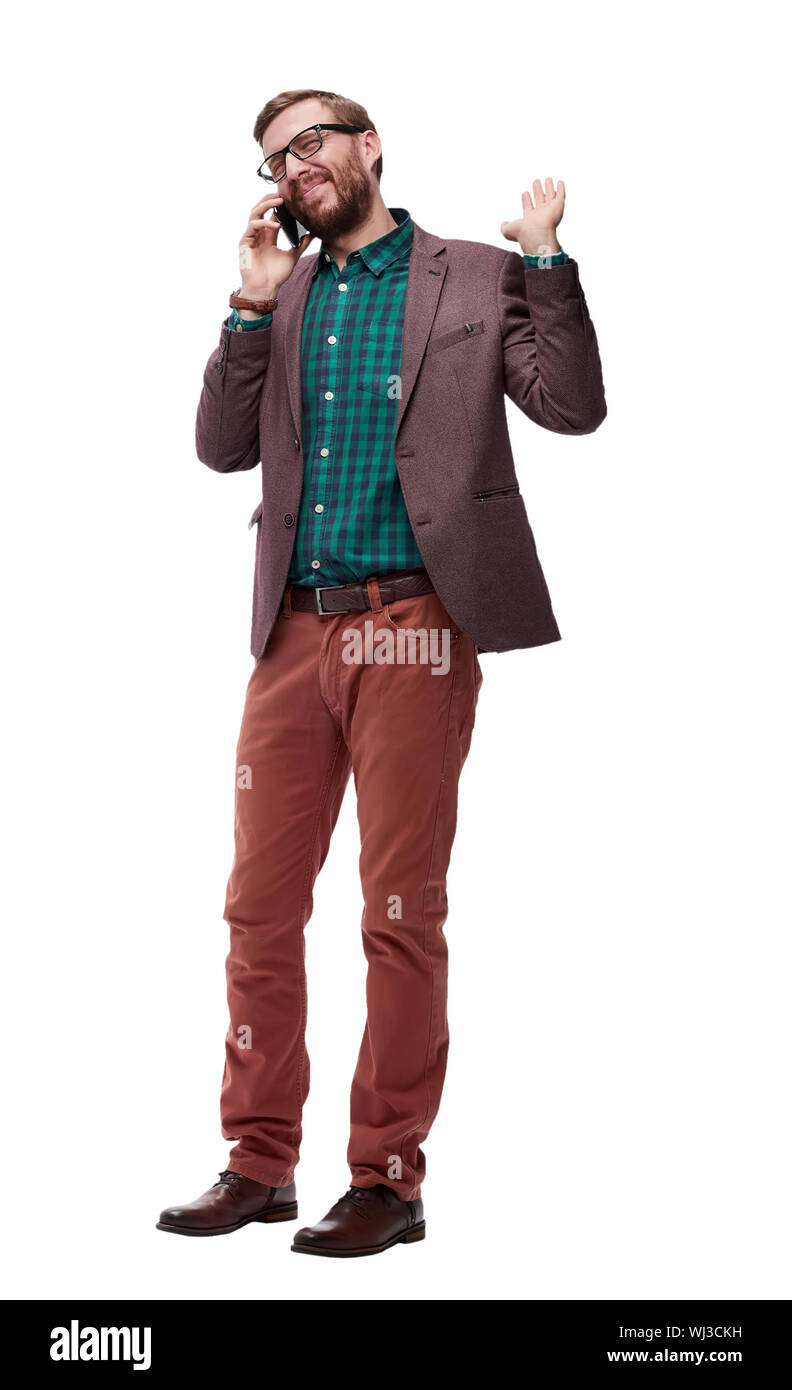 side view. smiling man talking on his smartphone Stock Photo - Alamy