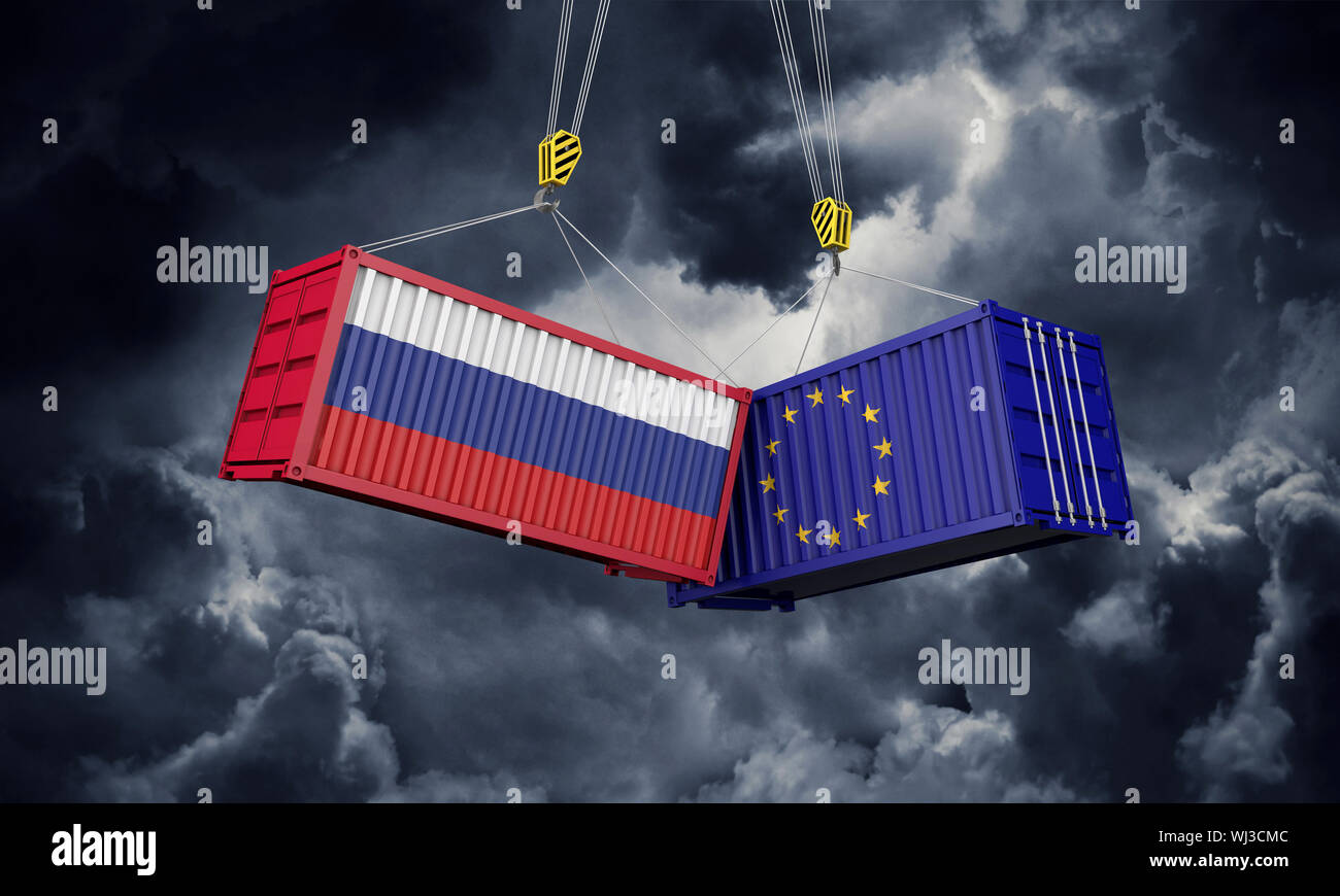 Russia and europe trade war concept. Clashing cargo containers. 3D ...