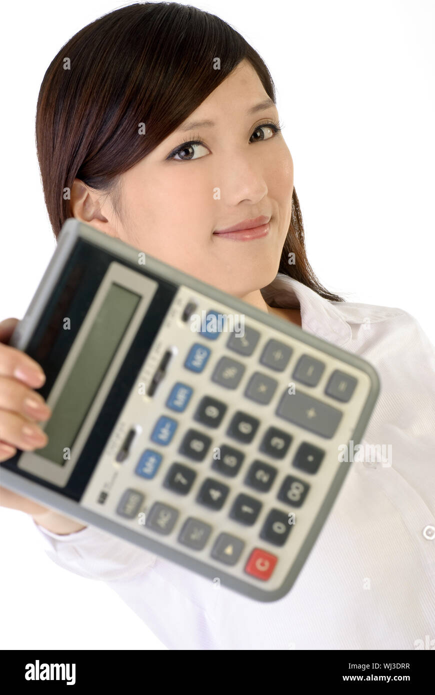 Business woman holding calculator, closeup portrait of oriental office ...