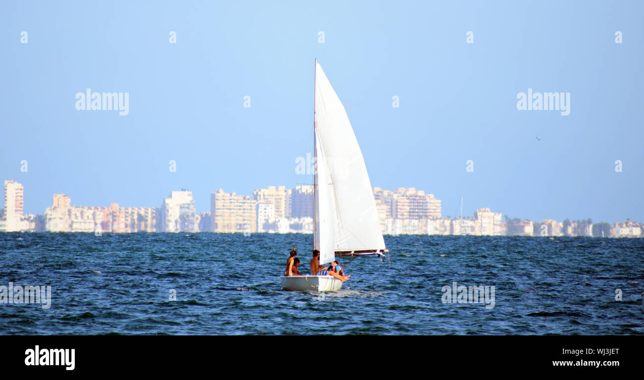 Barcelona, Spain, July 23, 2019: Group of people sailing in Spain ...