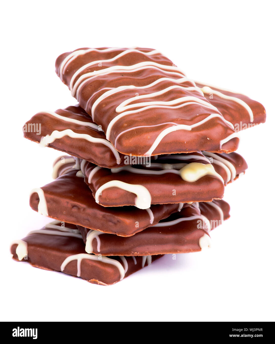 Stack of Chocolate Biscuits with Striped Milk Chocolate Glazed isolated ...