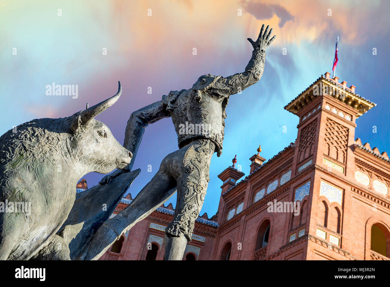 Madrid Landmark. Bullfighter sculpture in front of Bullfighting arena ...