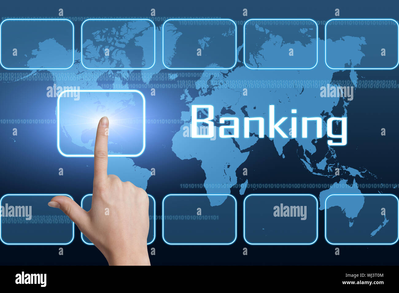 Banking concept with interface and world map on blue background Stock ...