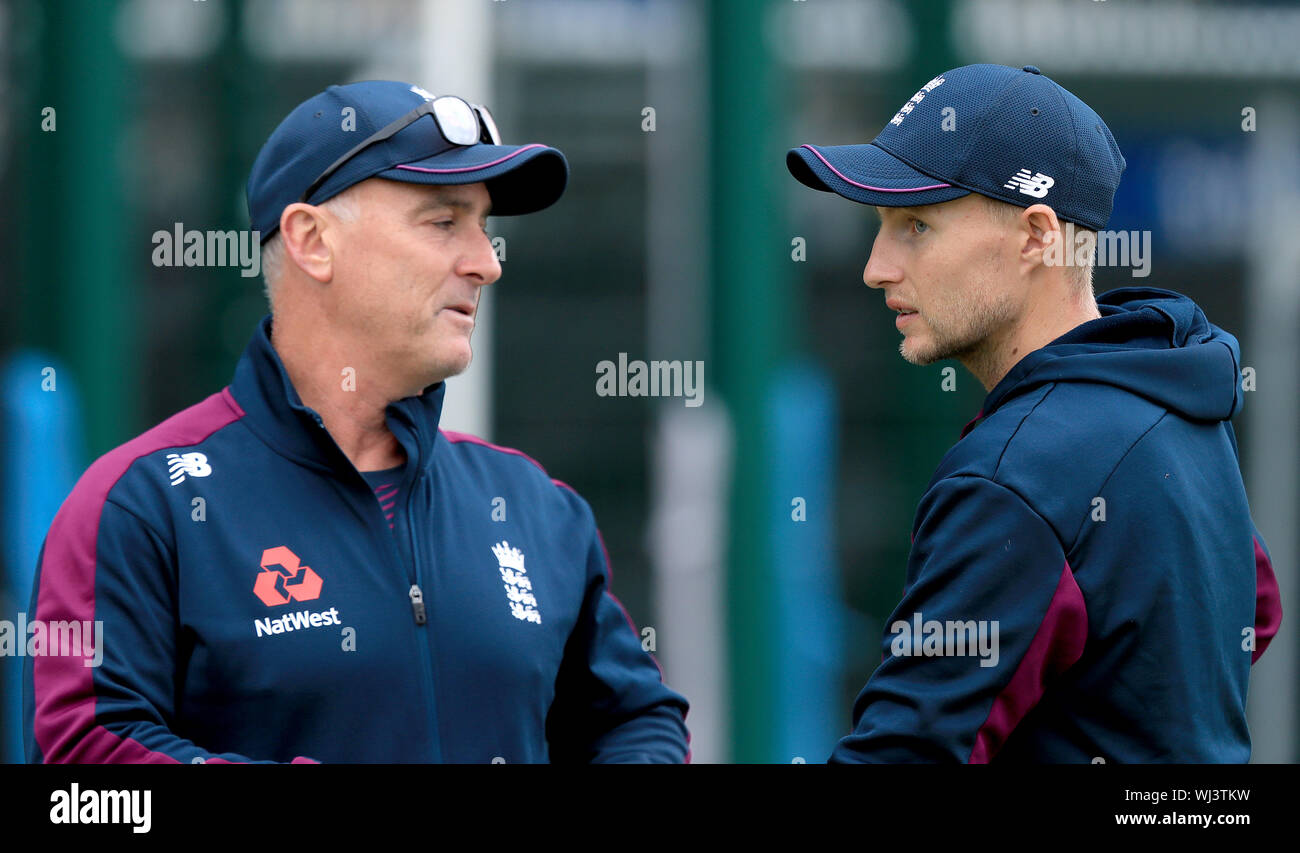 England's Joe Root (right) with coach Graham Thorpe (left) during a ...