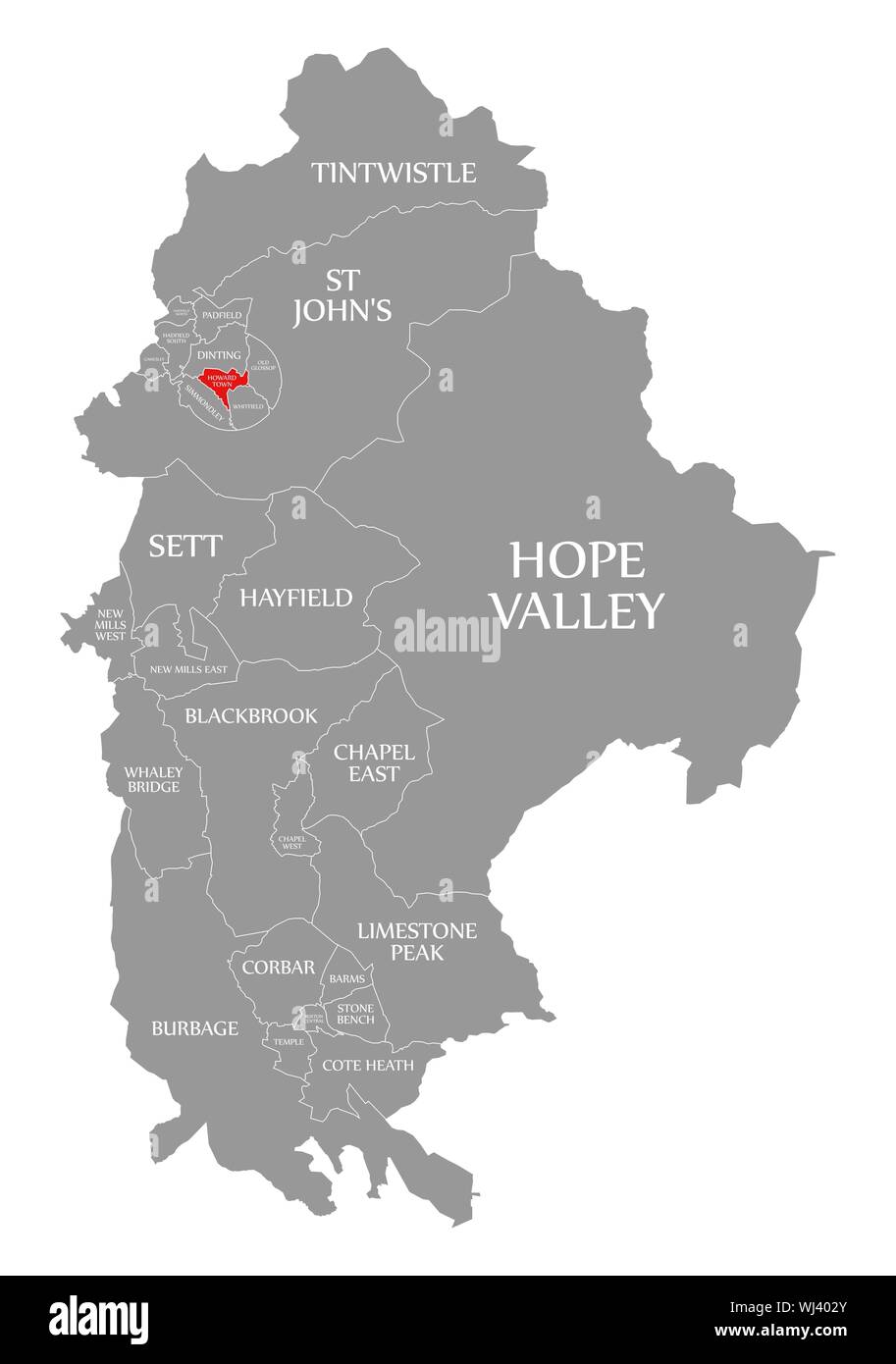 Howard Town red highlighted in map of High Peak district in East ...
