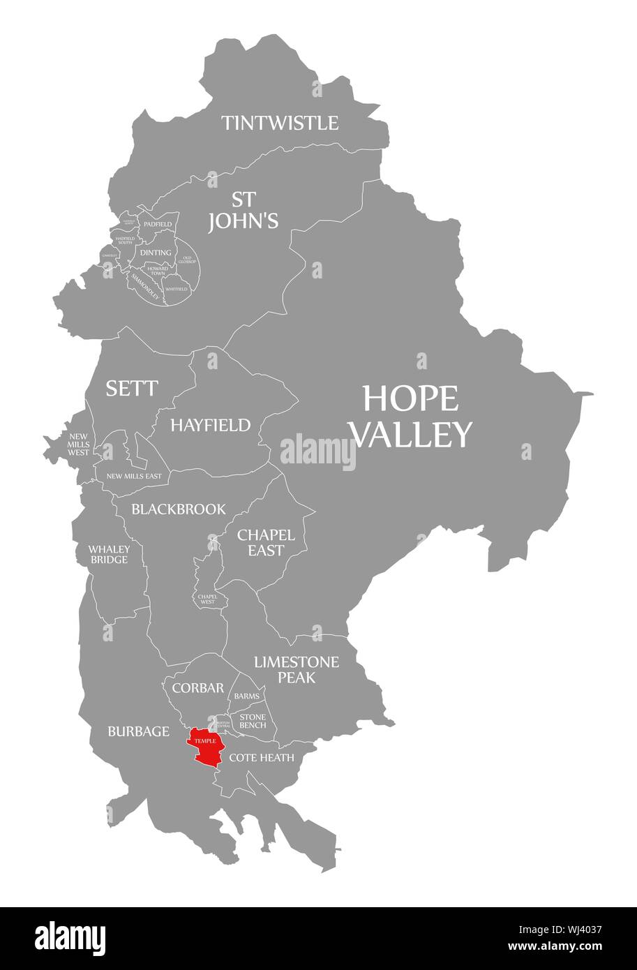 Temple red highlighted in map of High Peak district in East Midlands ...