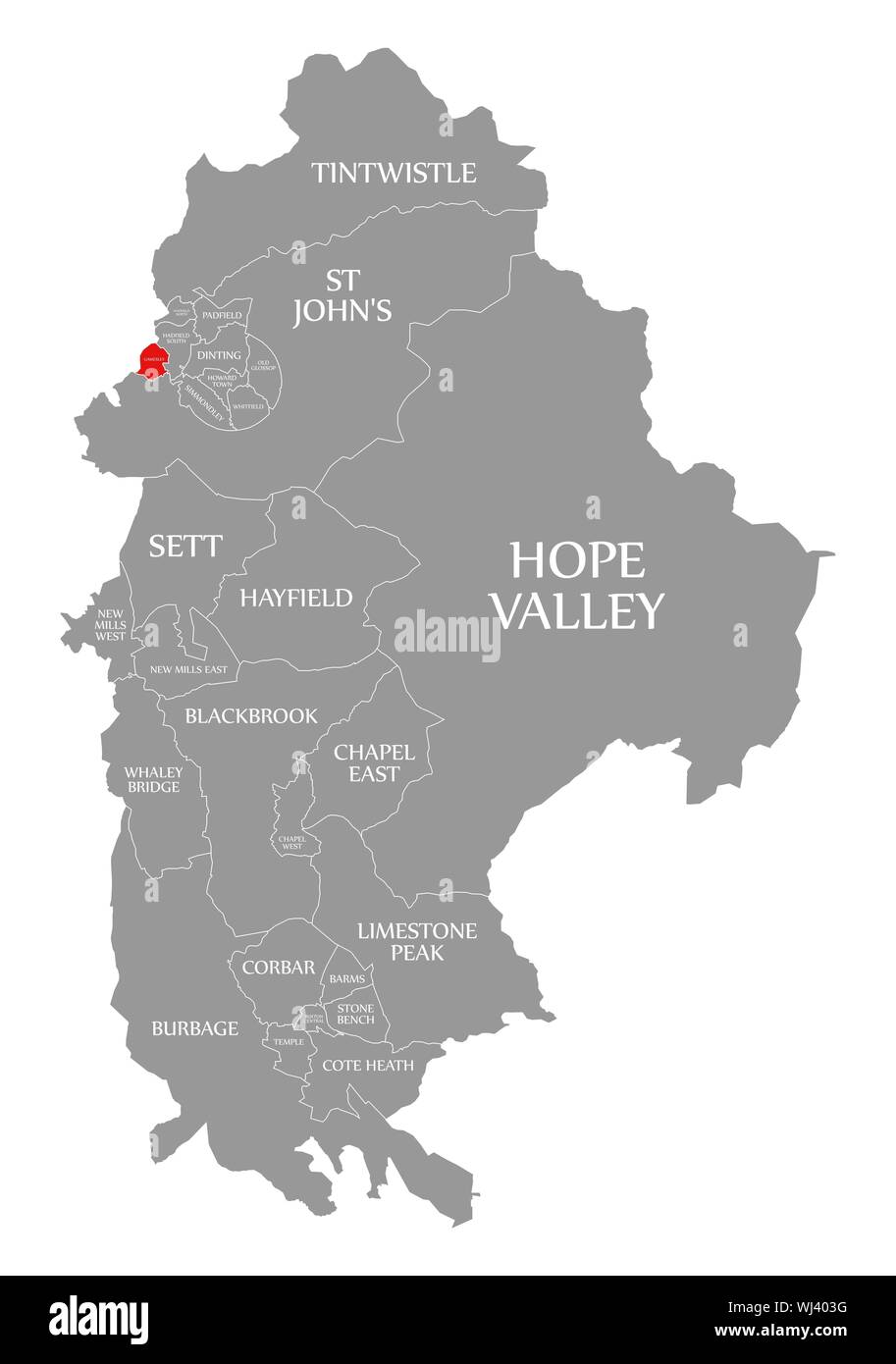 Gamesley red highlighted in map of High Peak district in East Midlands ...