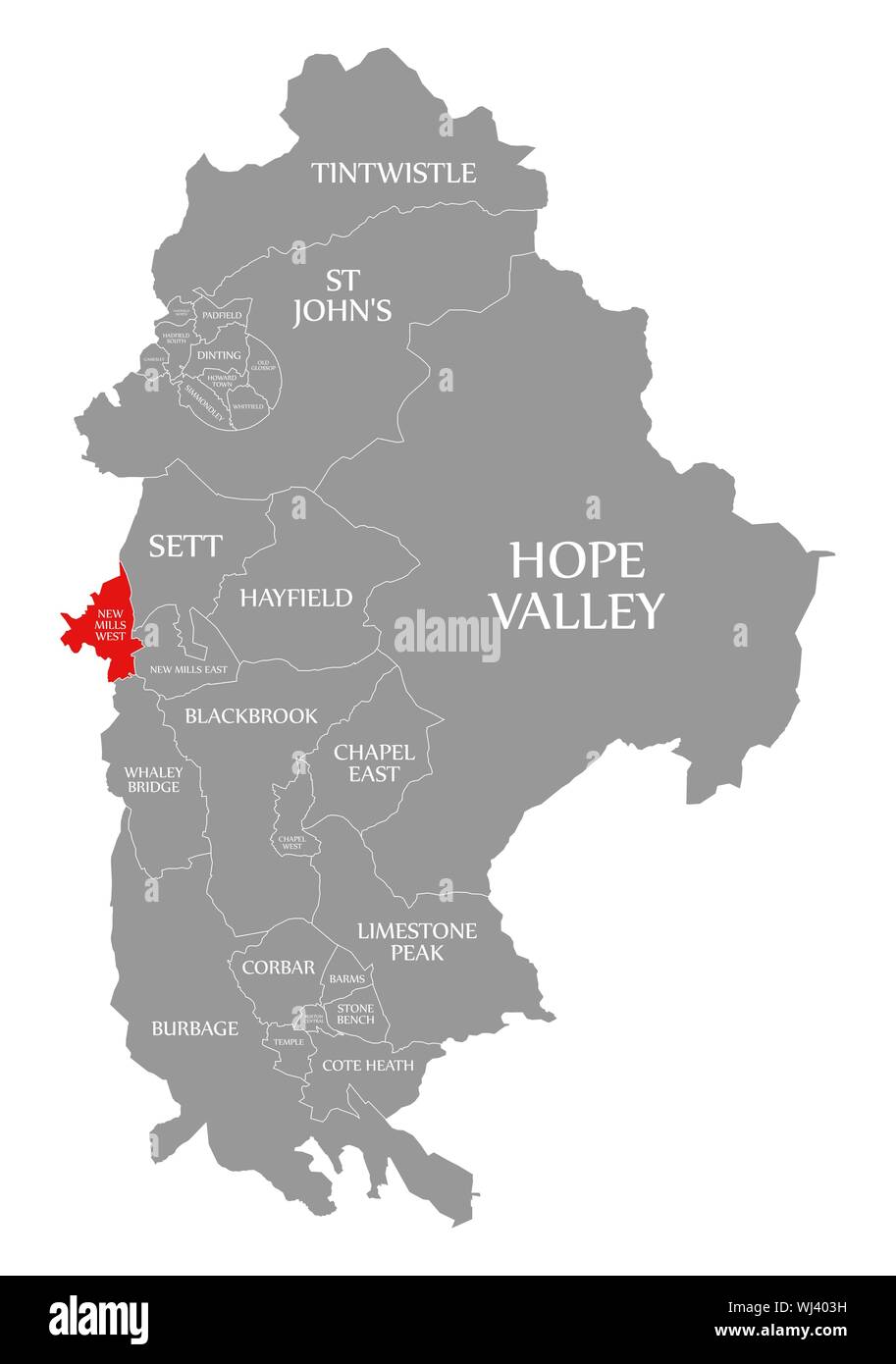New Mills West red highlighted in map of High Peak district in East ...