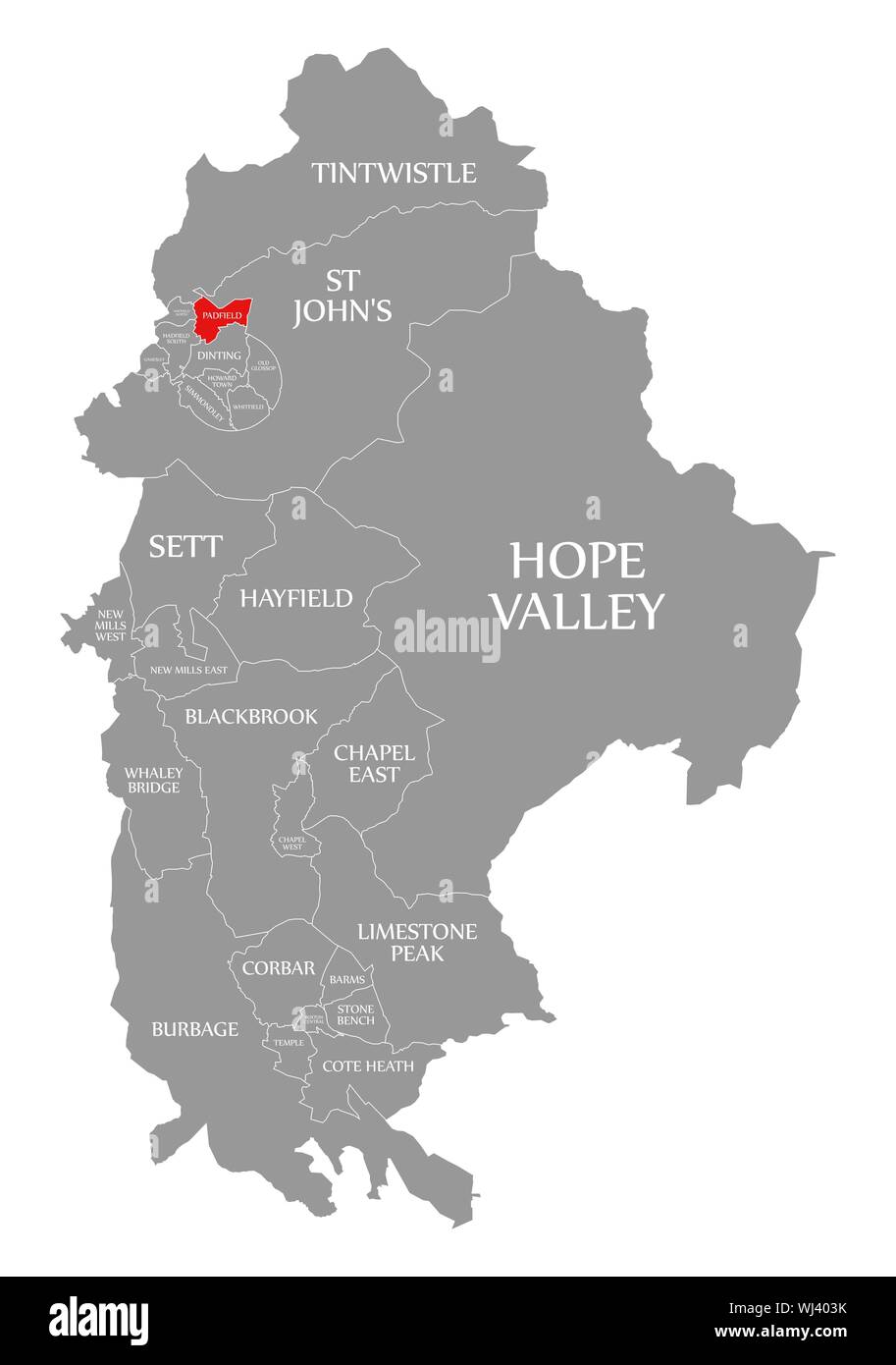 Padfield red highlighted in map of High Peak district in East Midlands ...