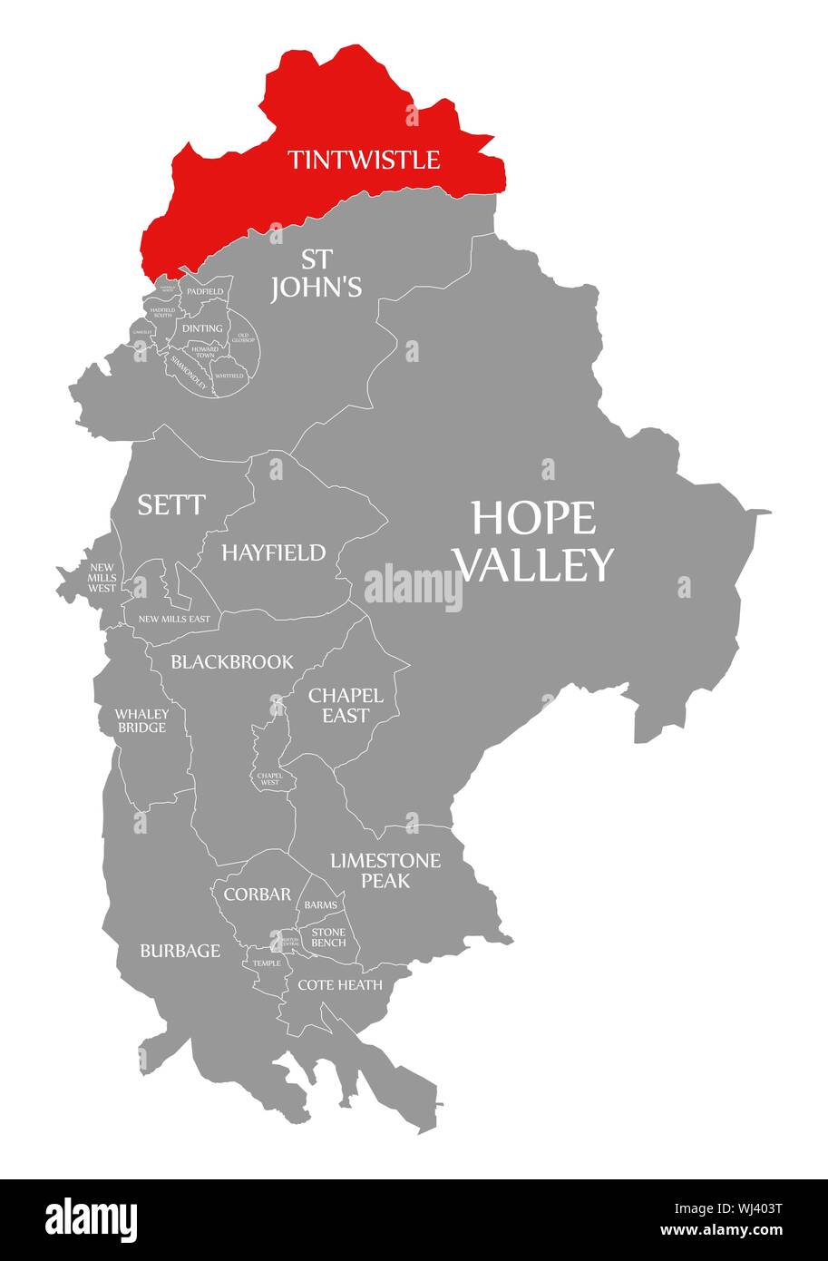 Tintwistle red highlighted in map of High Peak district in East ...