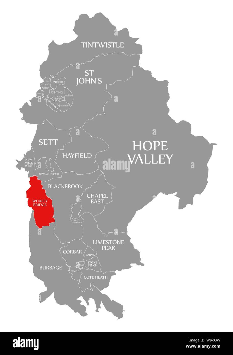 Whaley Bridge red highlighted in map of High Peak district in East ...