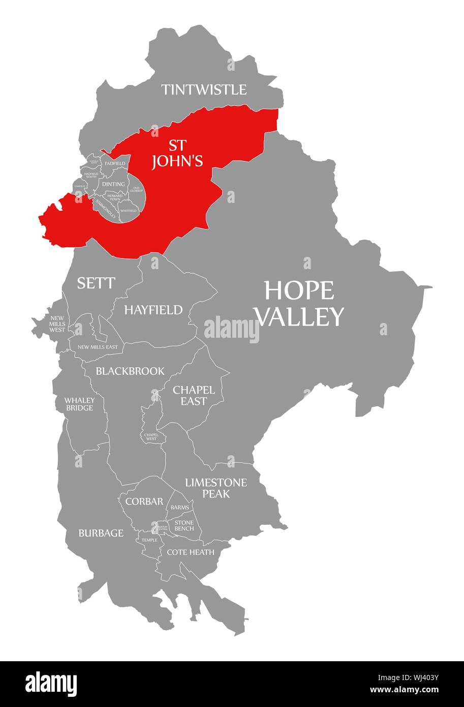 St Johns red highlighted in map of High Peak district in East Midlands ...