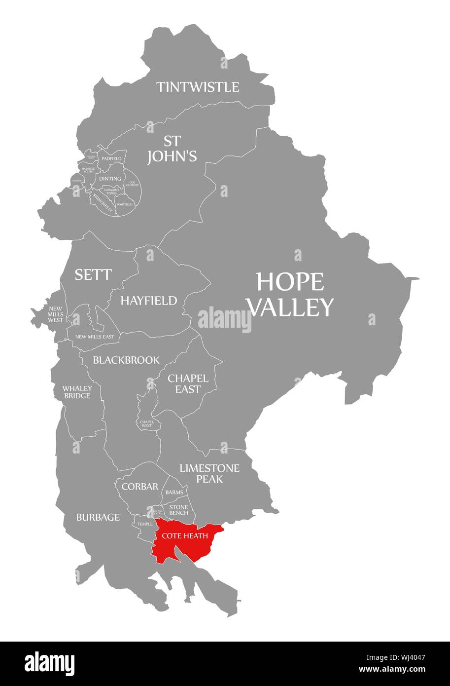 Cote Heath red highlighted in map of High Peak district in East ...