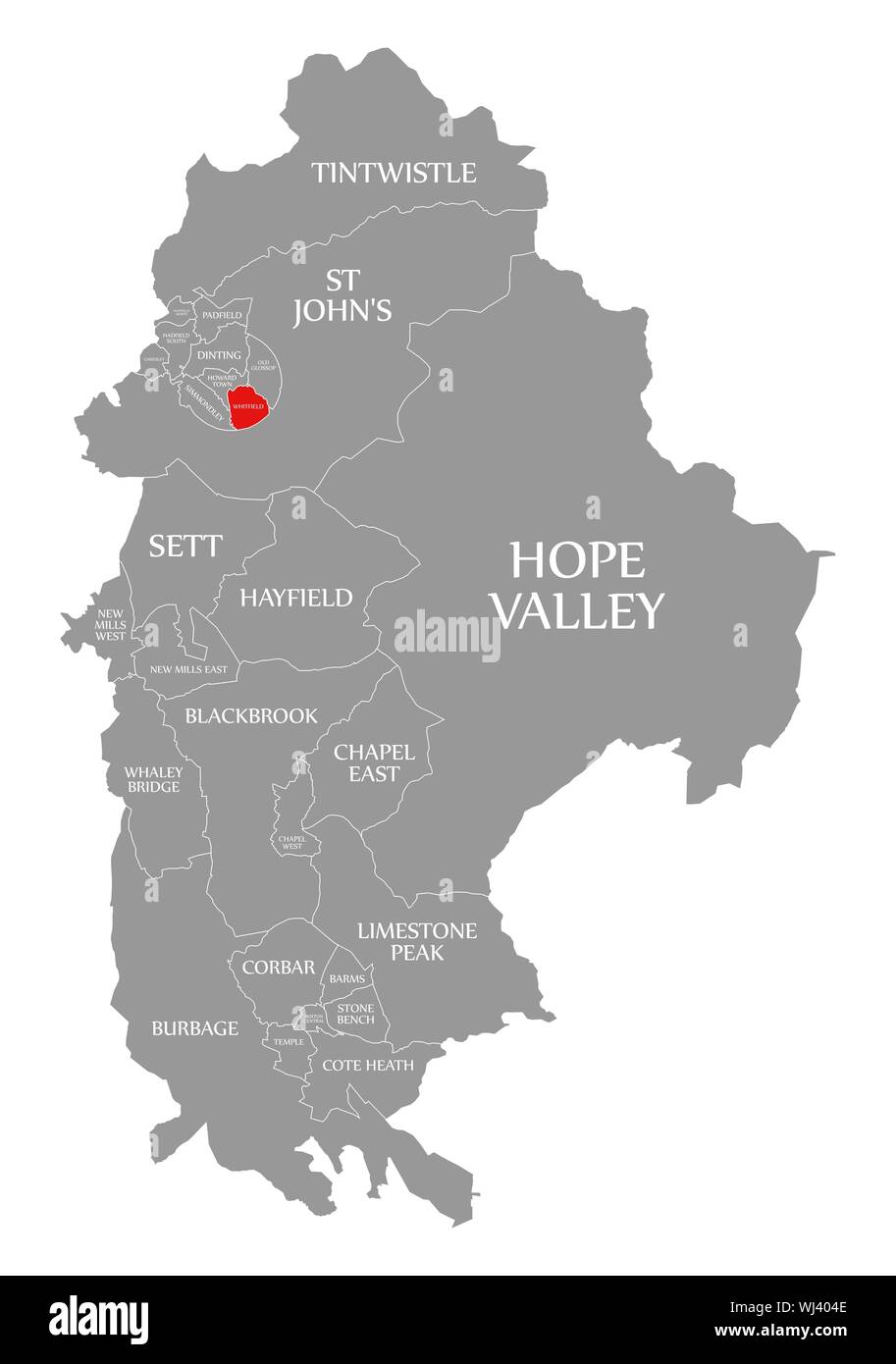 Whitfield red highlighted in map of High Peak district in East Midlands ...