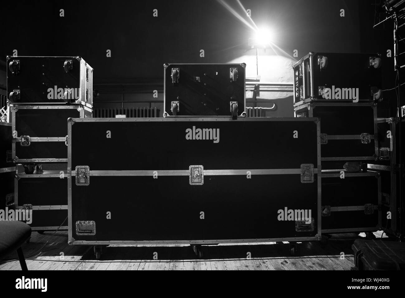 preparation for the concert. Equipment boxes Stock Photo - Alamy