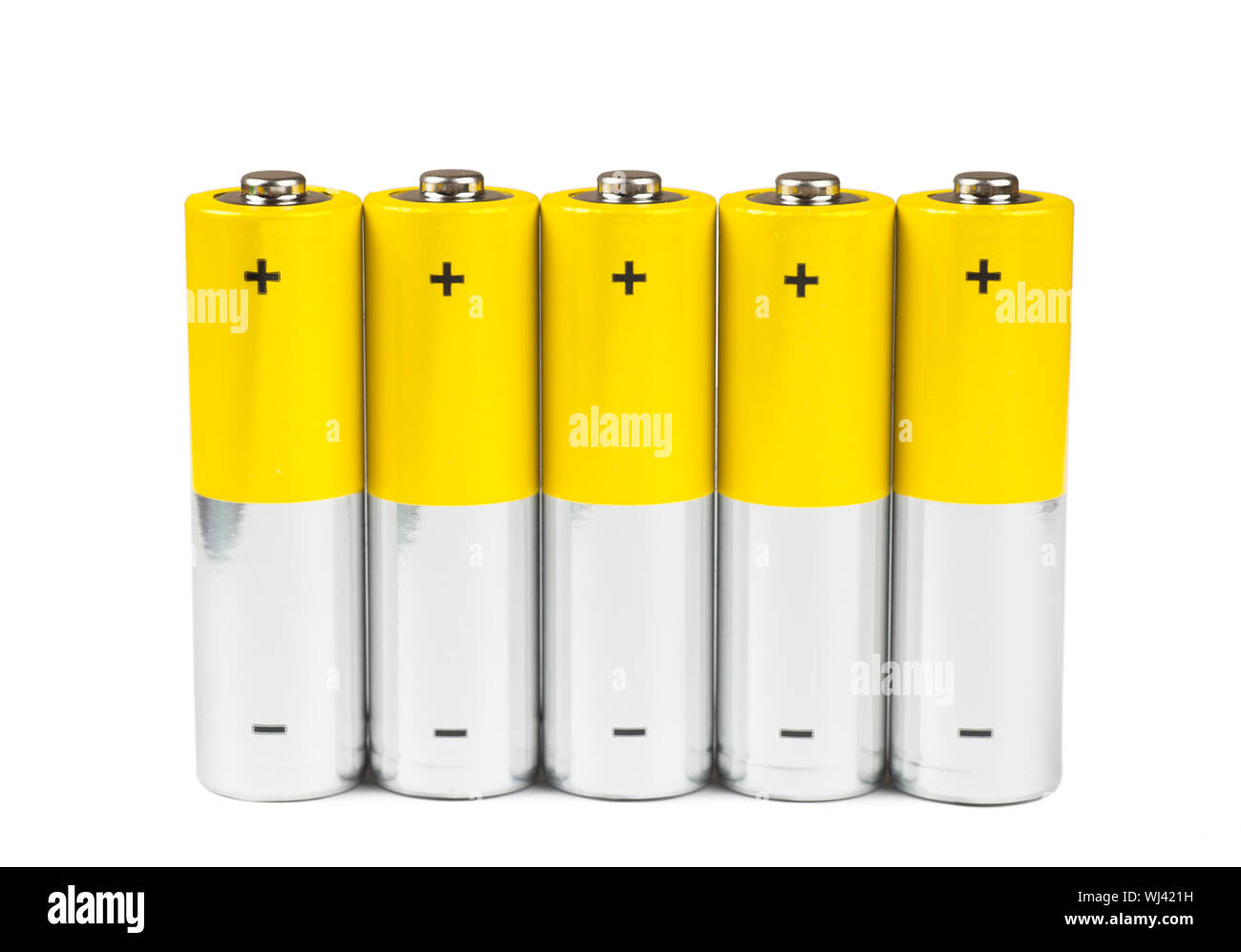 A row of yellow batteries isolated over white background Stock Photo ...