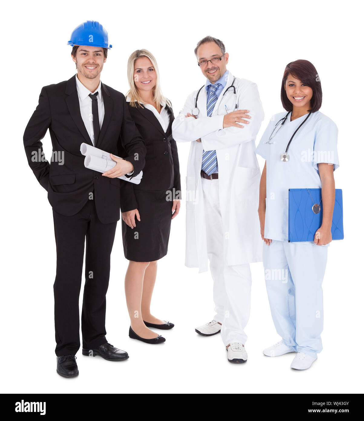 Portrait of happy people of different professions together on white ...