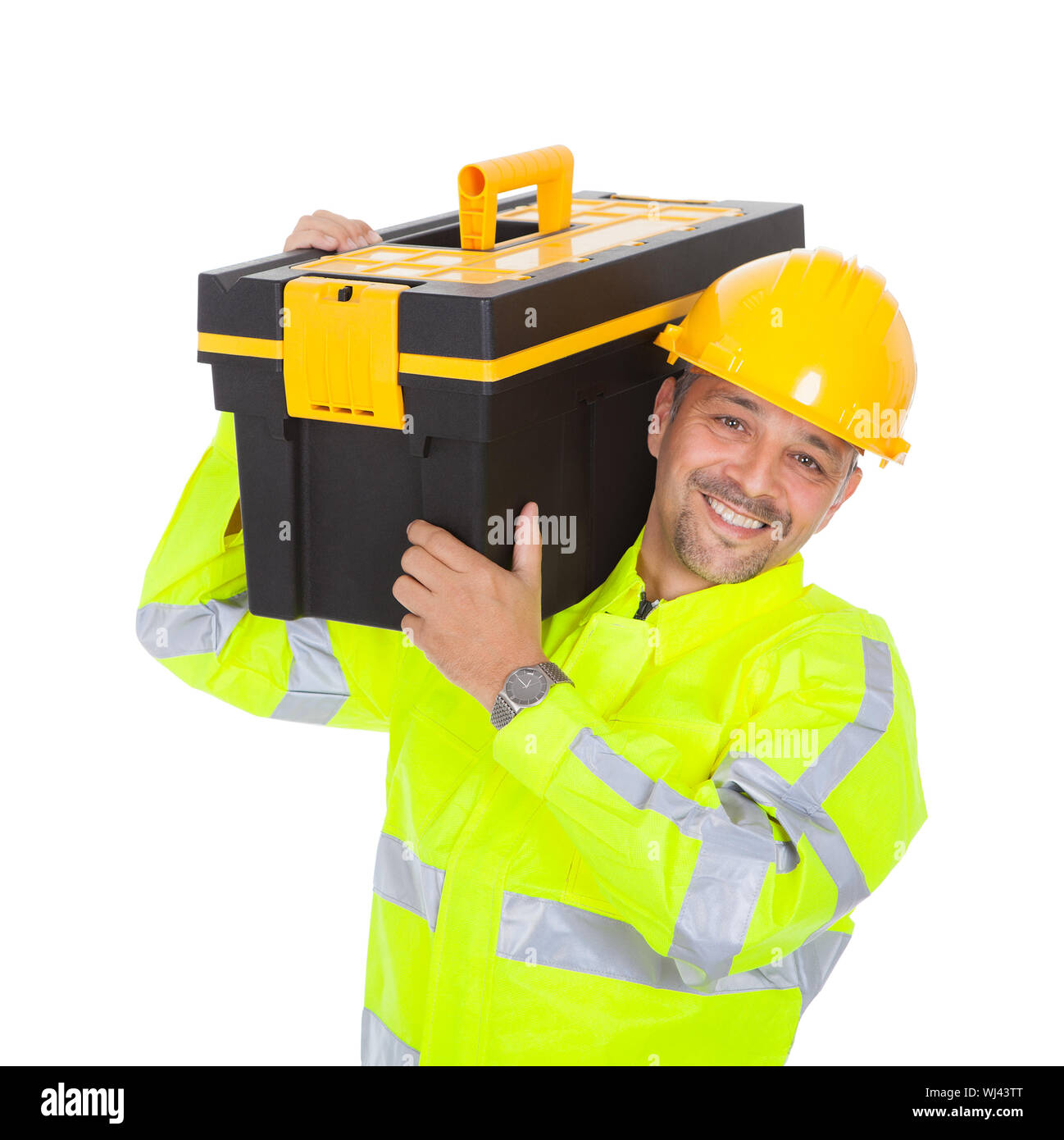 Portrait of worker wearing safety jacket and helmet. Isolated on white ...