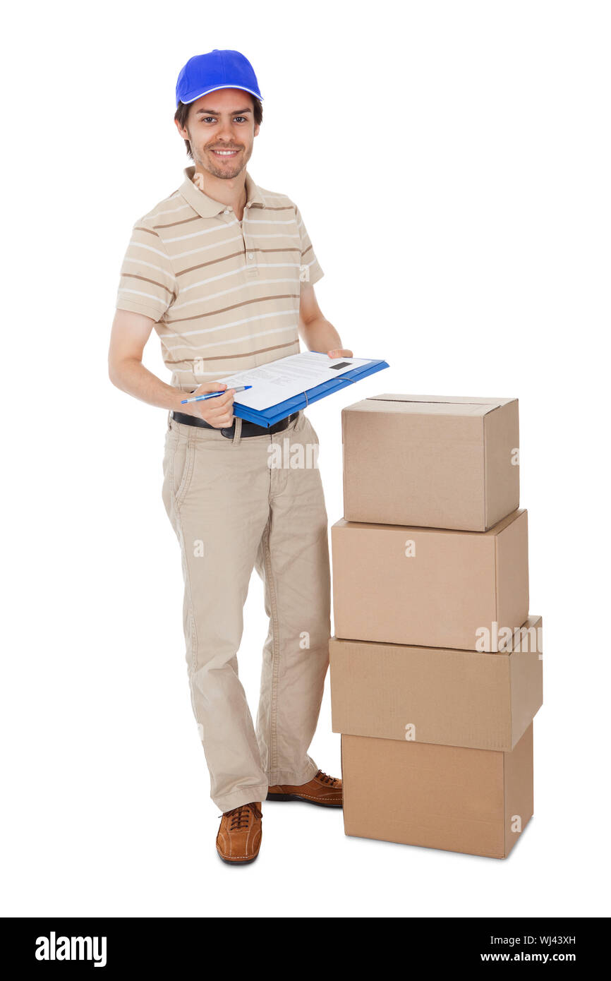 Delivery man asking to sign delivery confirmation. Isolated on white ...