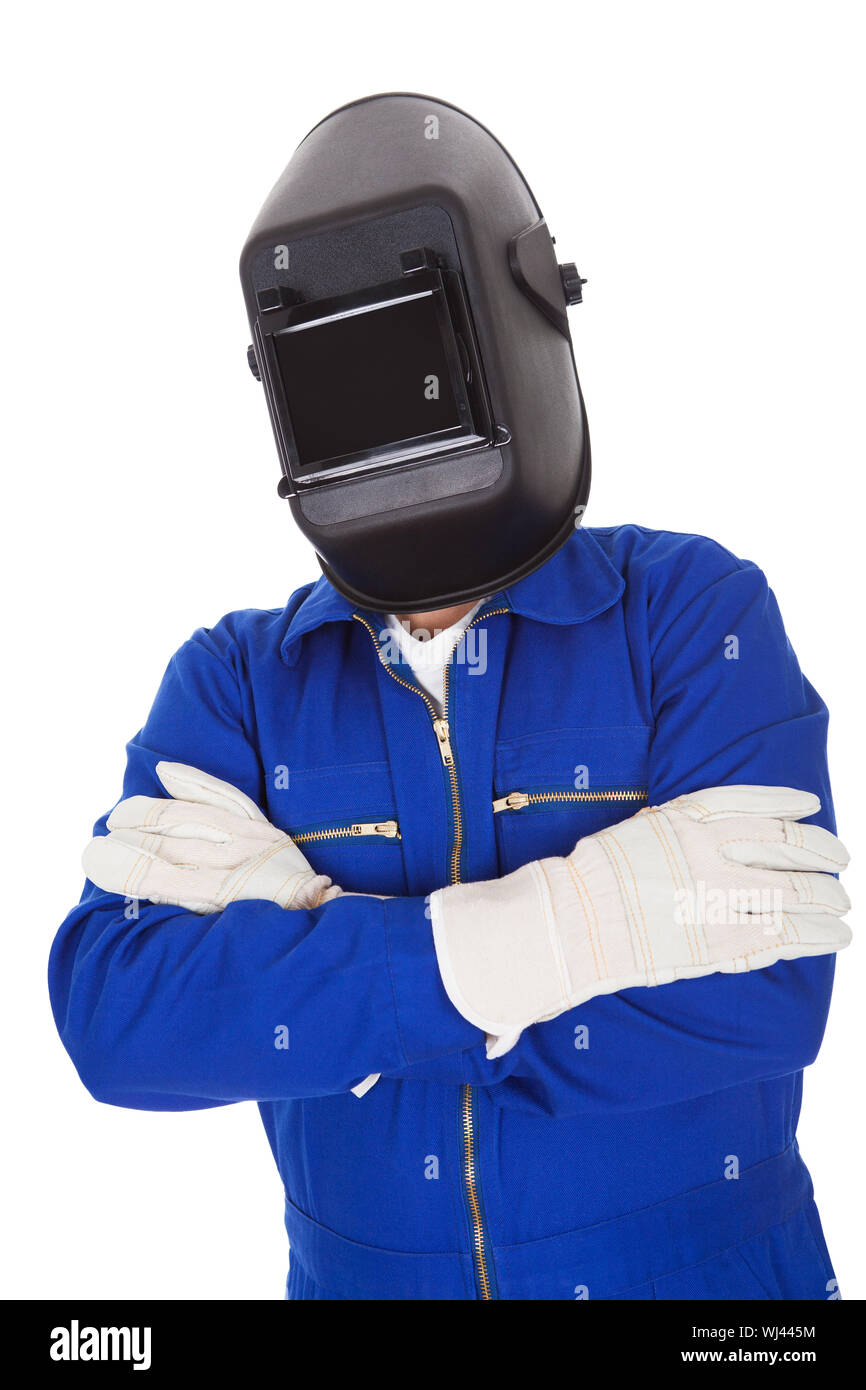 Portrait of confident welder in the mask. Isolated on white Stock Photo ...