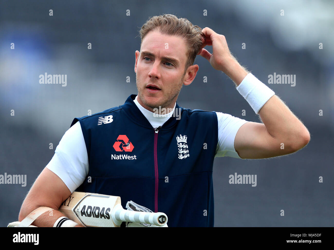England's Stuart Broad during a nets session at Old Trafford ...
