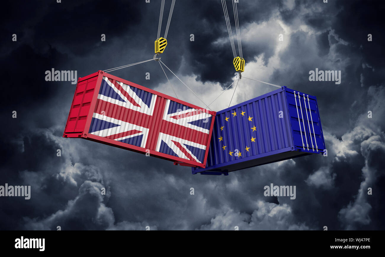 UK and europe trade war concept. Clashing cargo containers. 3D Render ...
