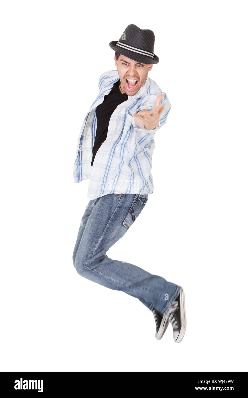 Young dancer in mid air jump with arms outstretched Stock Photo - Alamy