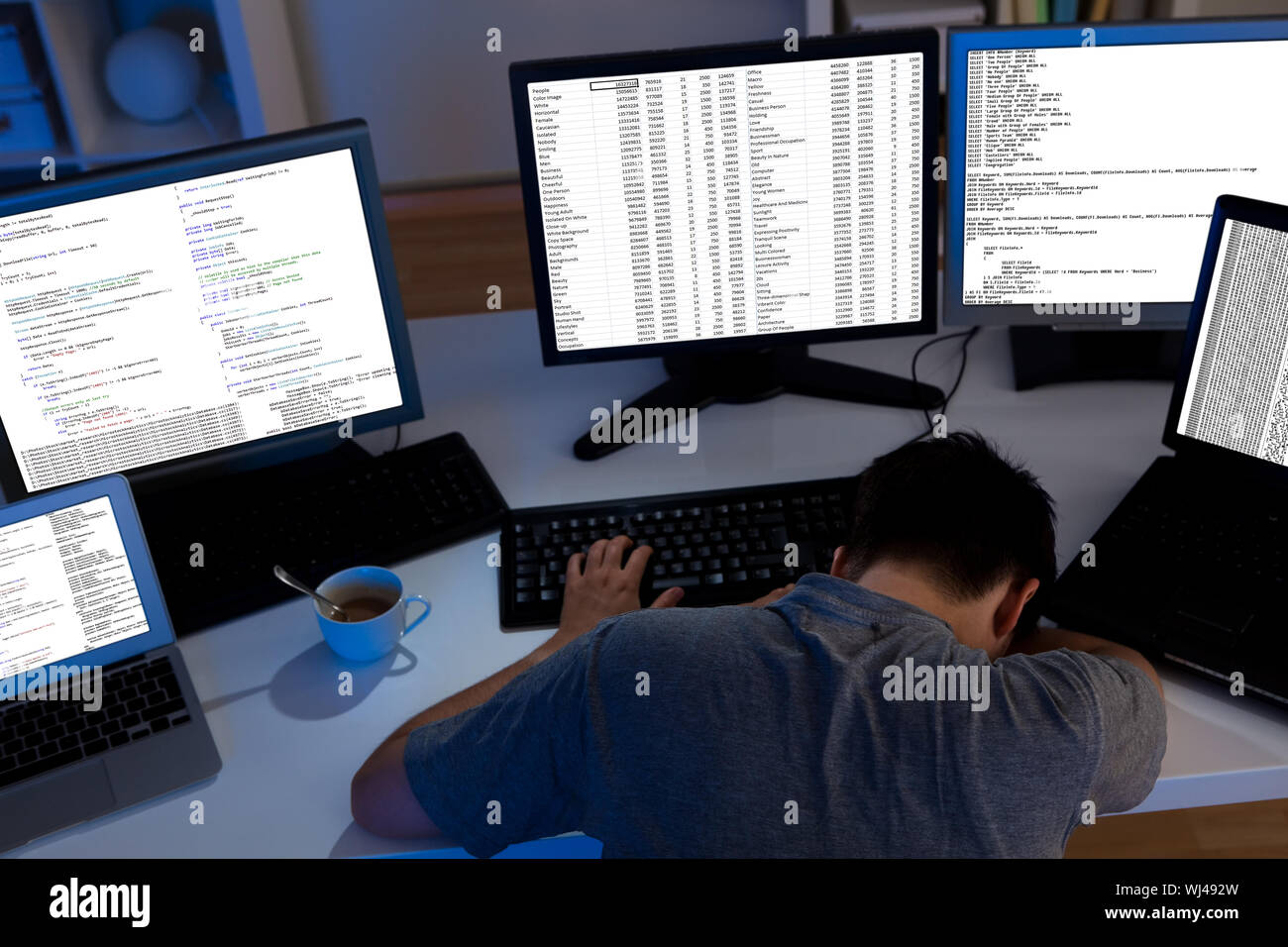 Computer programmer sleeping in the office at night Stock Photo - Alamy